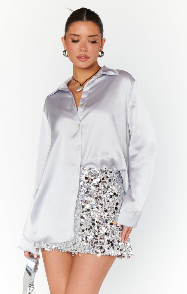Smith Button Down ~ Silver Luxe Satin – Show Me Your Mumu
