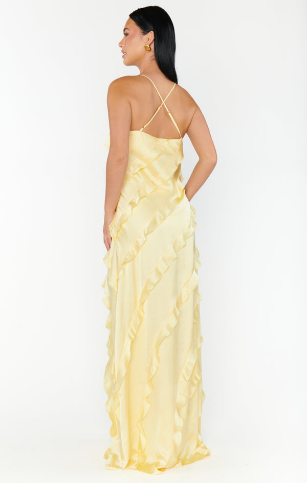 Romance Ruffle Dress ~ Pale Yellow Luxe Satin – Show Me Your Mumu