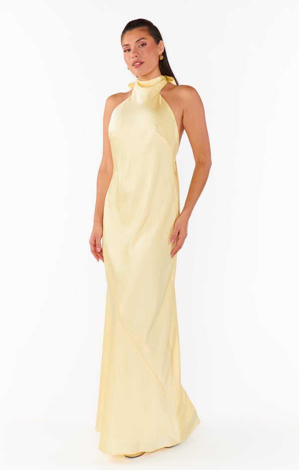 Lisa Maxi Dress ~ Pale Yellow Luxe Satin – Show Me Your Mumu