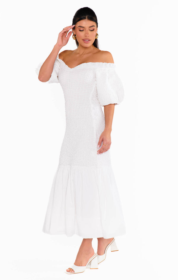Rom Com Midi Dress ~ White Texture Stretch – Show Me Your Mumu