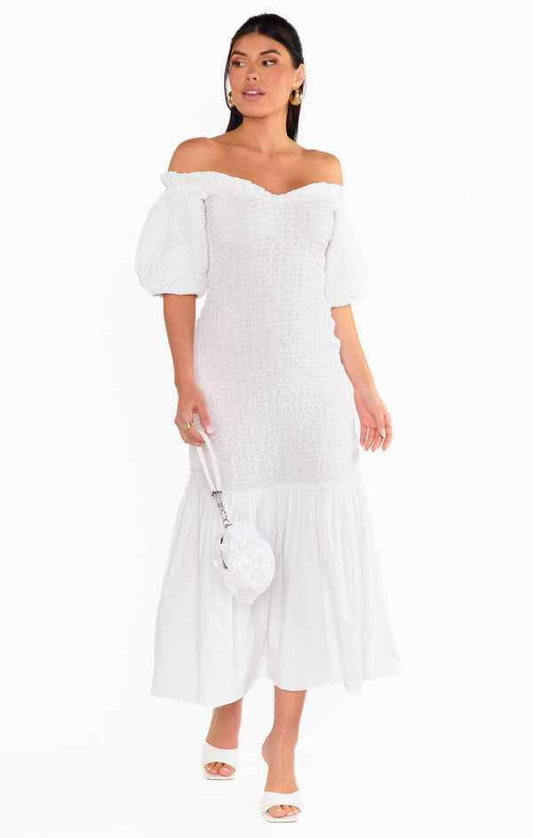Rom Com Midi Dress ~ White Texture Stretch – Show Me Your Mumu
