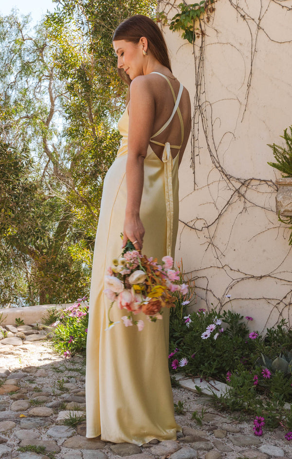 Anderson Maxi Dress ~ Pale Yellow Luxe Satin – Show Me Your Mumu