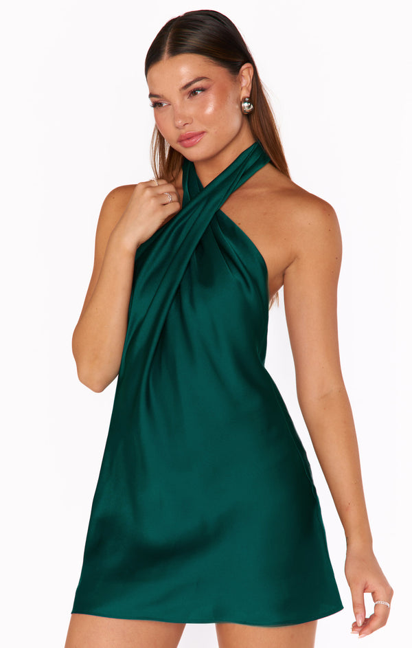 Jasmine Halter Mini Dress ~ Deep Emerald Luxe Satin – Show Me Your Mumu