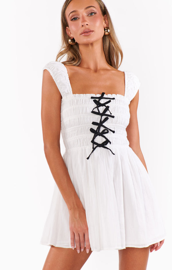Mabel Mini Dress ~ White Voile with Black Bows – Show Me Your Mumu