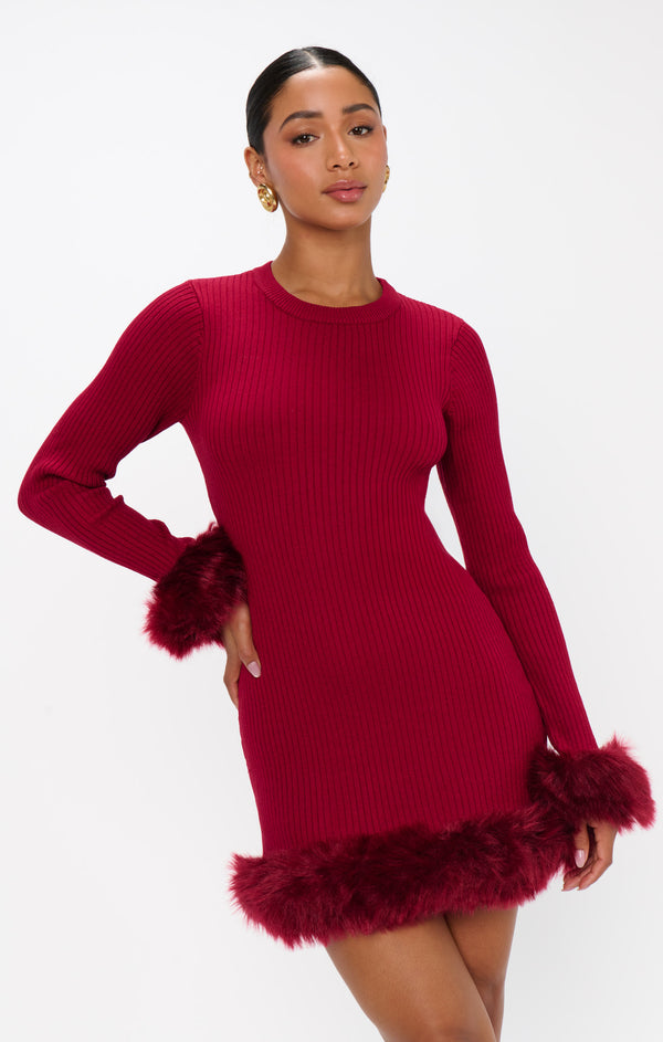 Fran Mini Dress ~ Cranberry Rib with Faux Fur – Show Me Your Mumu