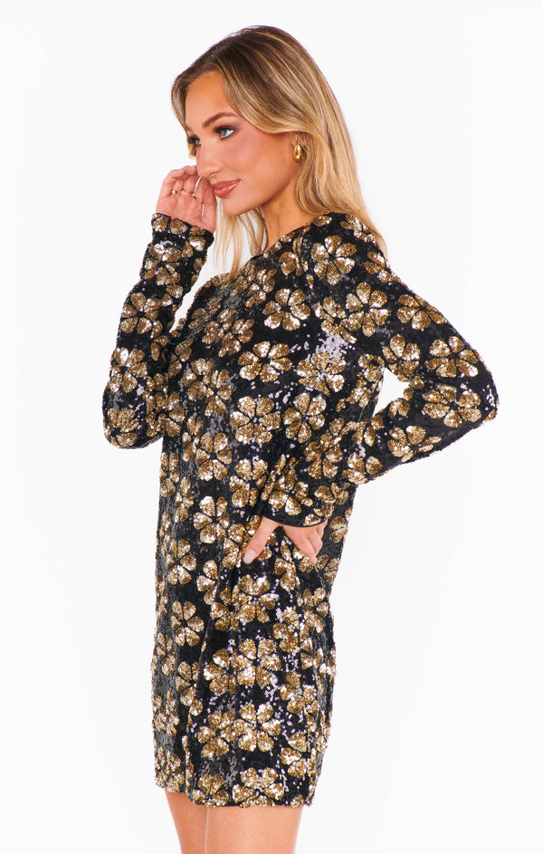 Maddison Mini Dress ~ Flower Pop Gold Sequins – Show Me Your Mumu