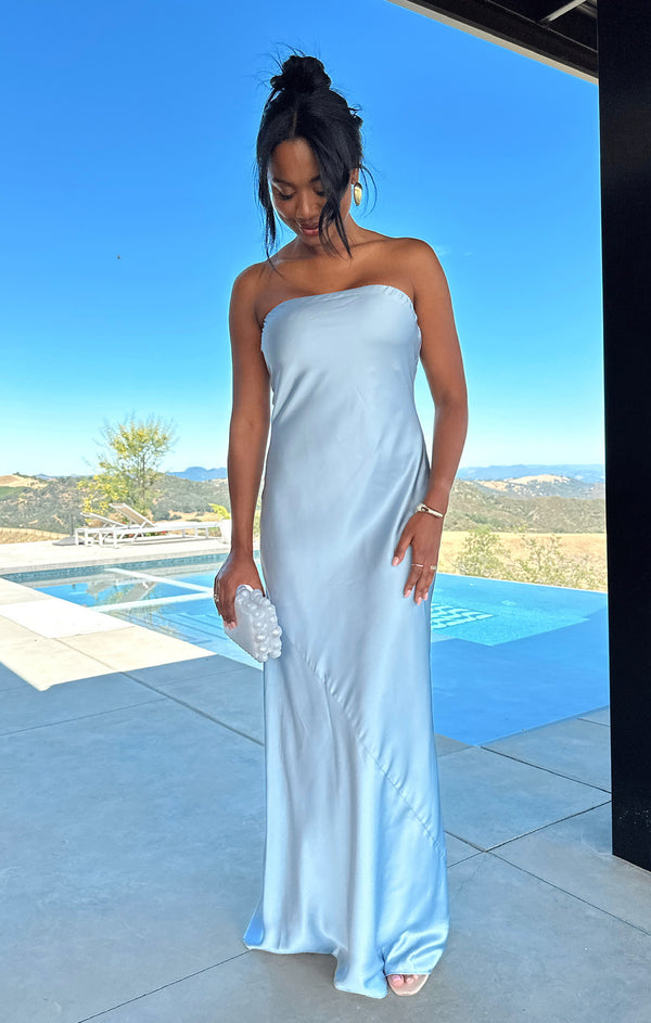 Taylor Tube Maxi Dress ~ Steel Blue Luxe Satin – Show Me Your Mumu